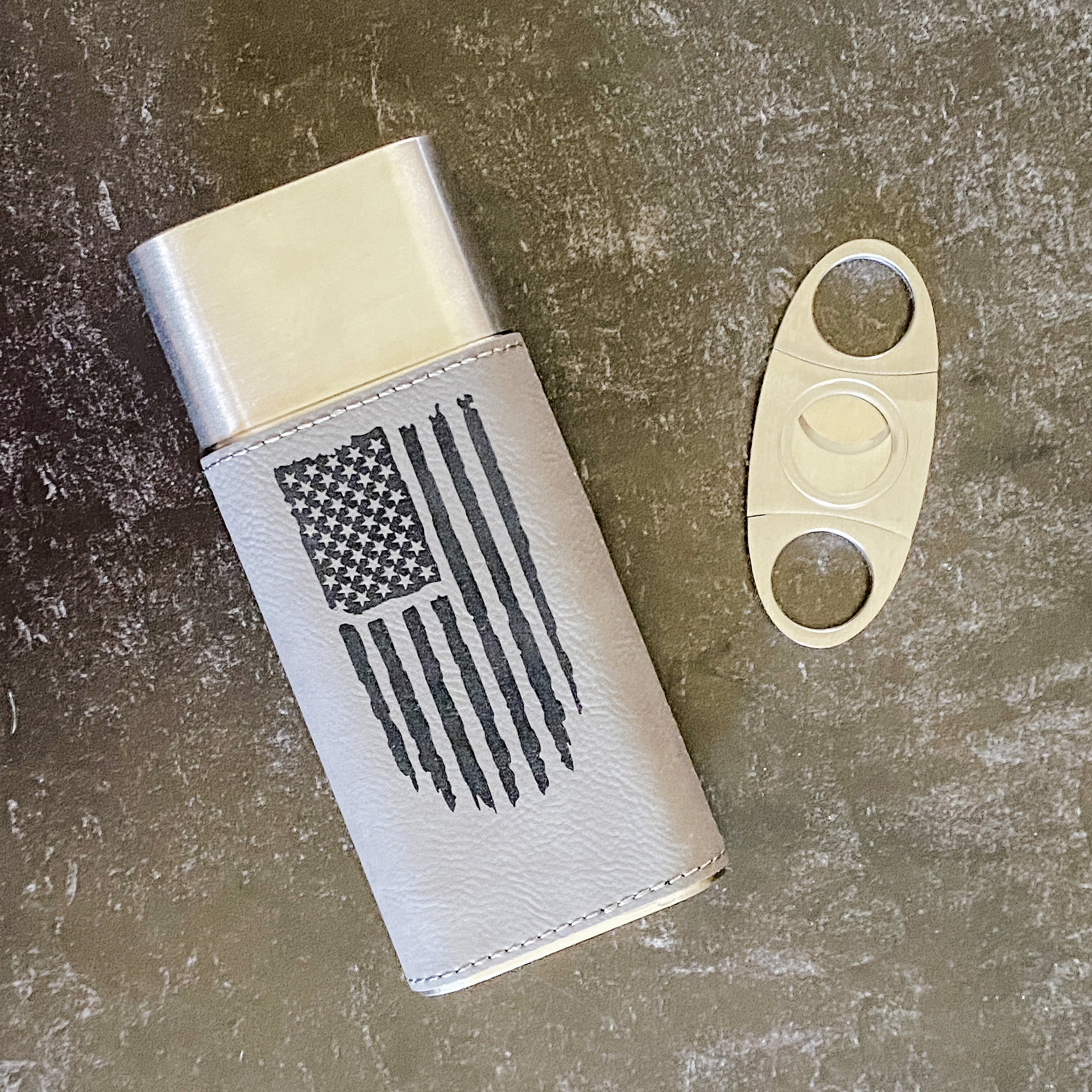Tattered American Flag Leather Wrapped Humidor with Cutter & Travel St ...